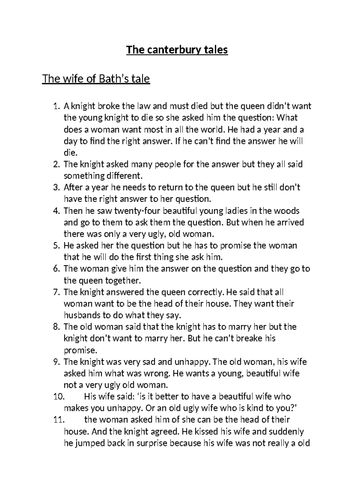 The Canterbury Tales: The Wife of Bath's Tale Summary - Studocu