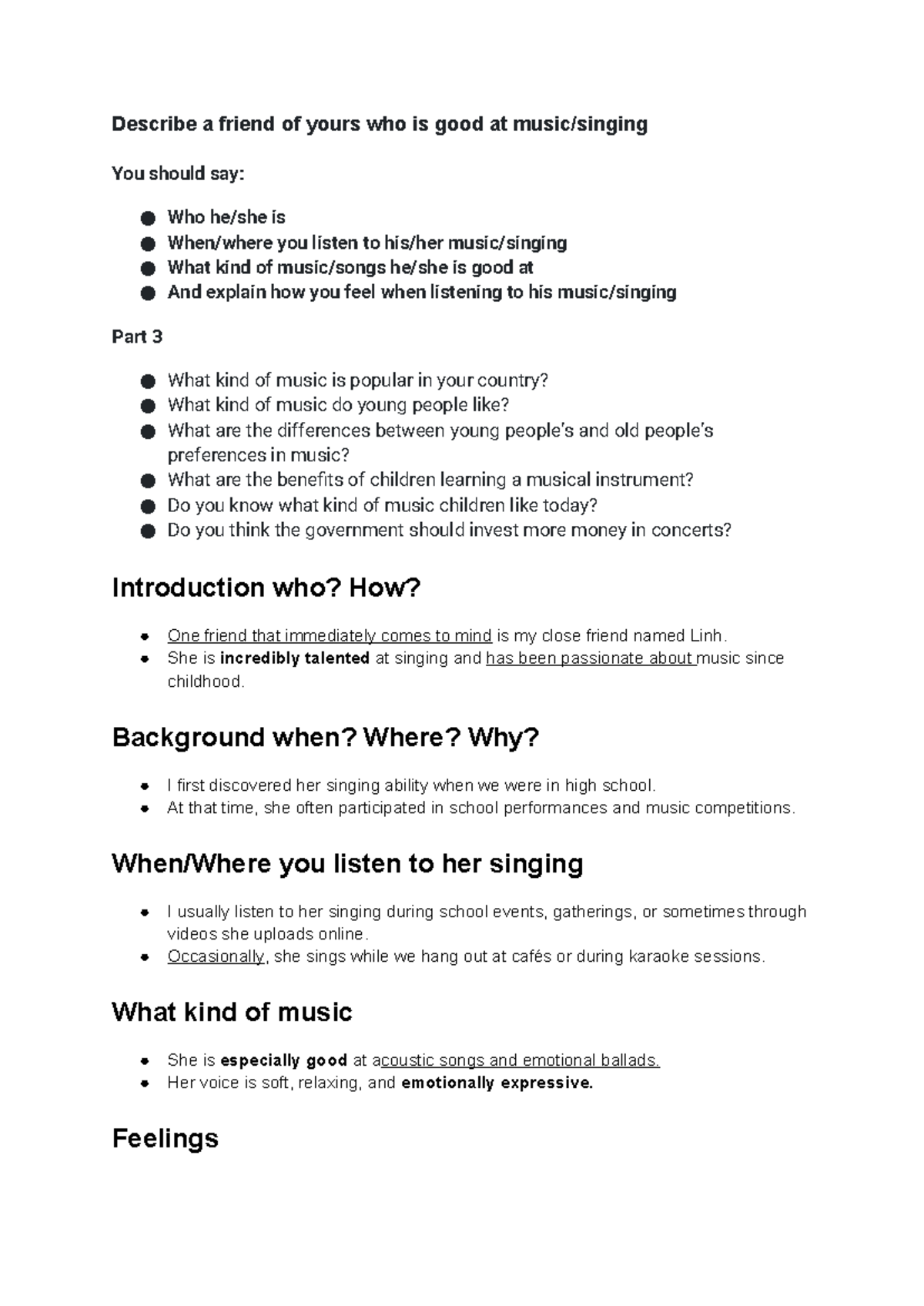 Speaking PART 2: Describing My Talented Friend Linh (QUY 1 2026) - Studocu