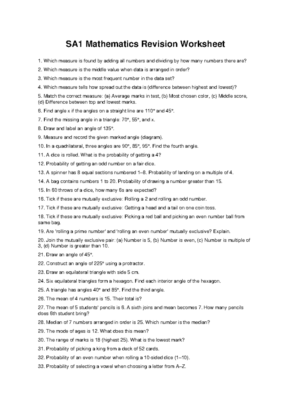 SA1 Mathematics Revision Worksheet: Measures, Angles, and Probability ...