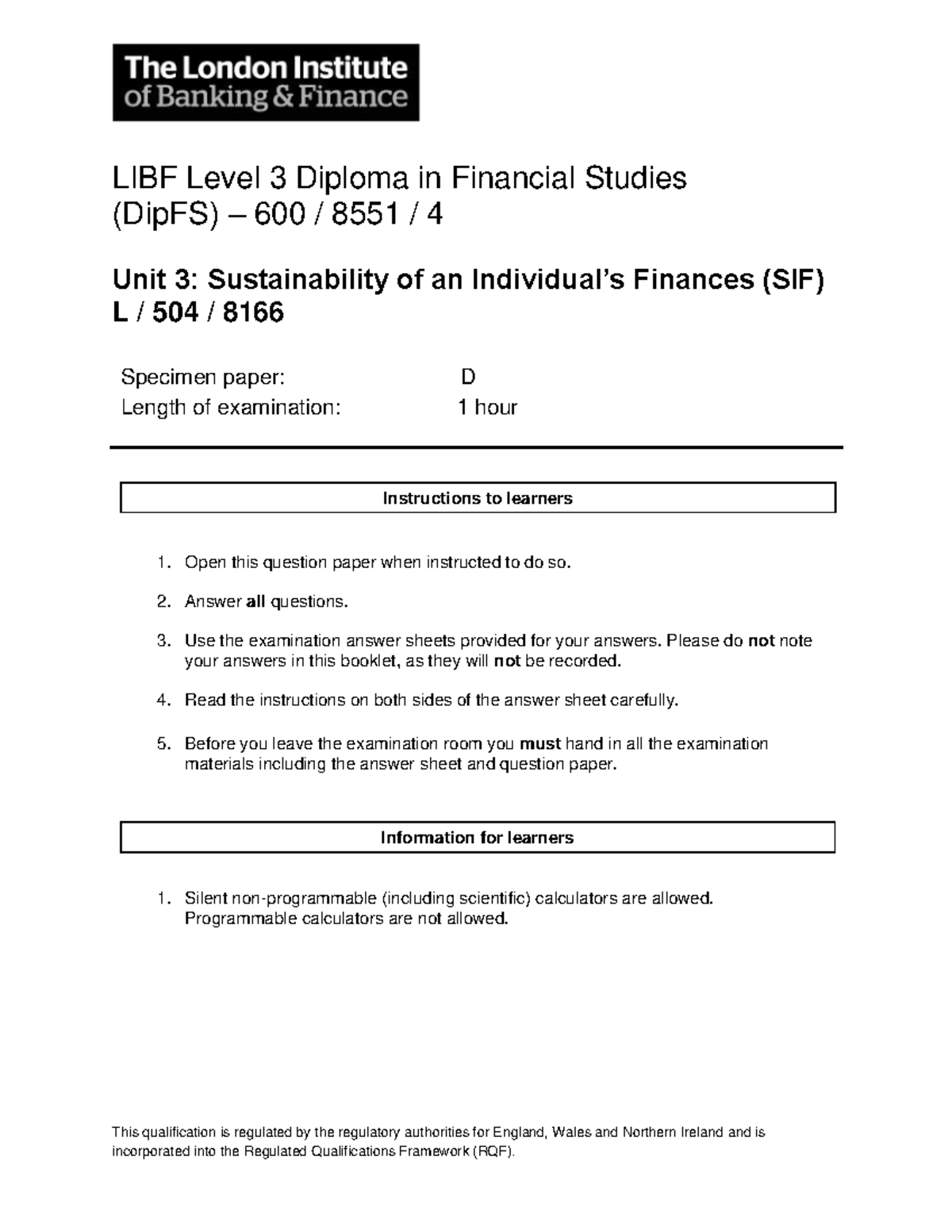 LIBF Level 3 Diploma in Financial Studies (DipFS) 600 8551 4 Unit 3 ...