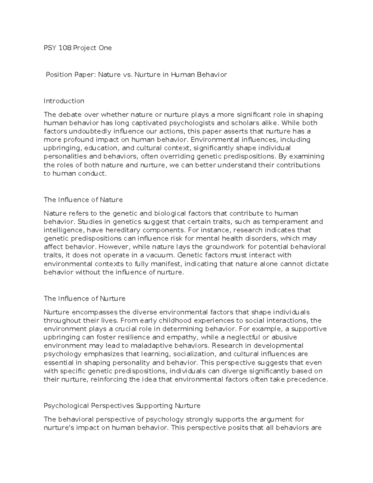 PSY 108 Project One - PSY 108 Project One Position Paper: Nature vs ...