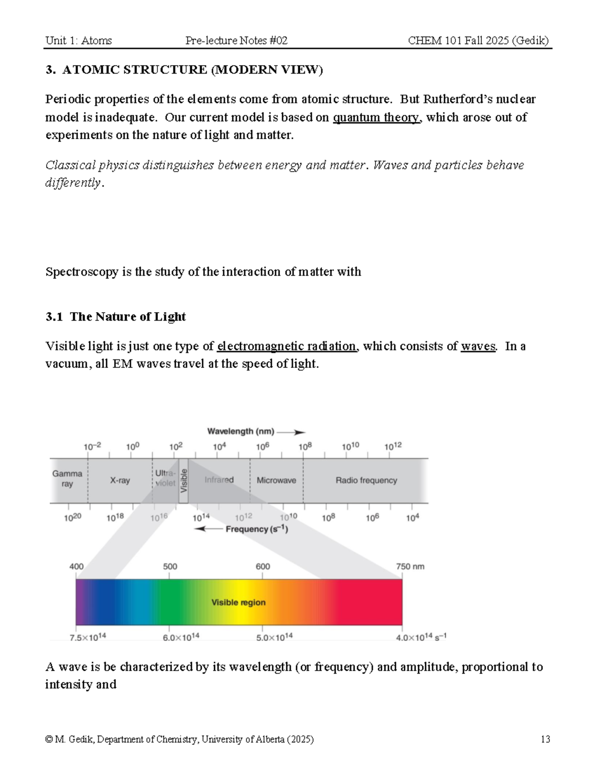 Unit 1: Atomic Structure Notes CHEM 101 Fall 2025 (Gedik) - Studocu
