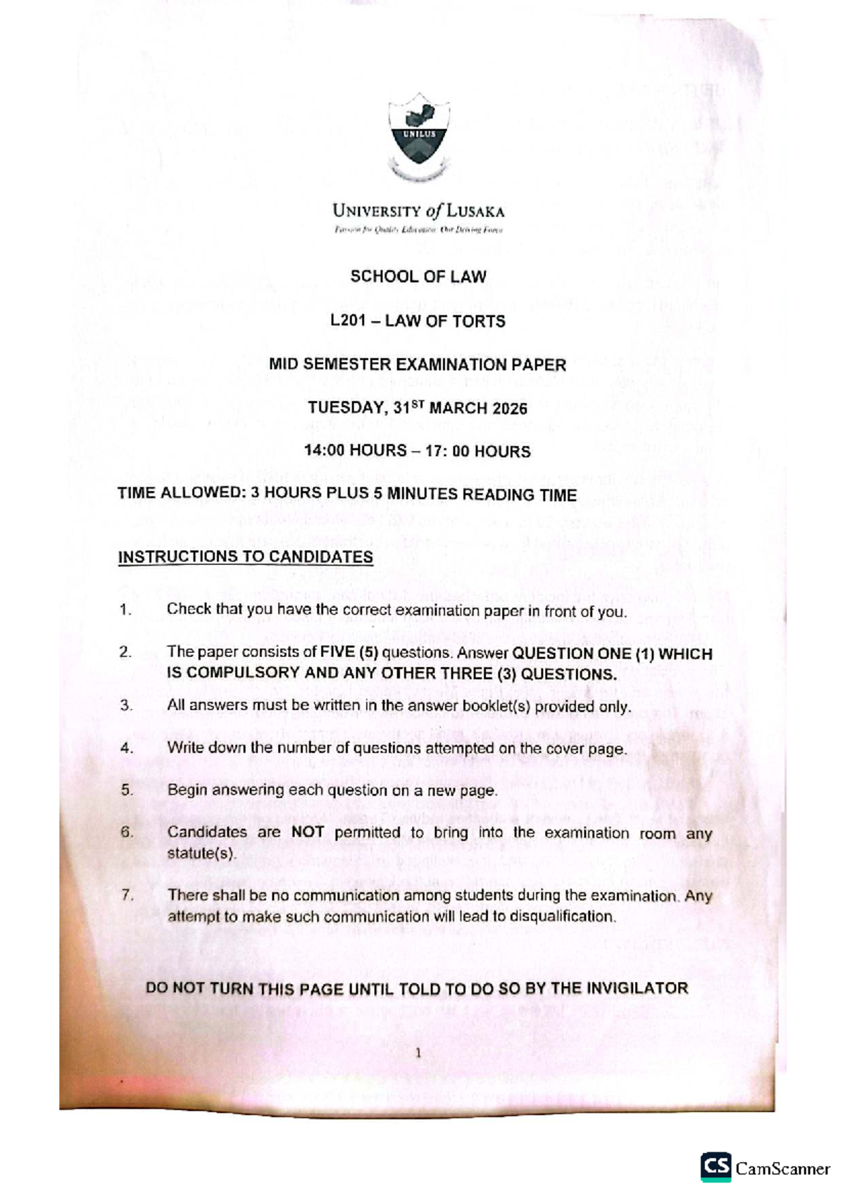 L201 LAW OF TORTS MID SEMESTER EXAMINATION PAPER - MARCH 2026 - Studocu