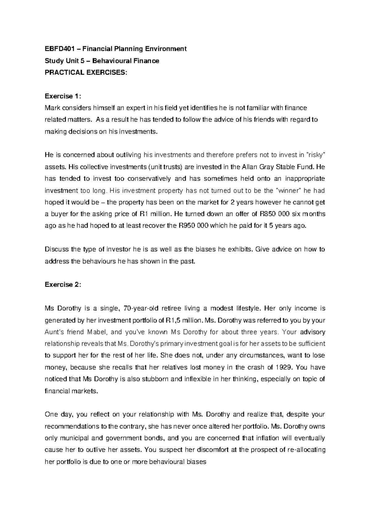 EBFD401 Study Unit 5 - Practical Exercises (BF) - EBFD401 – Financial Planning Environment Study ...
