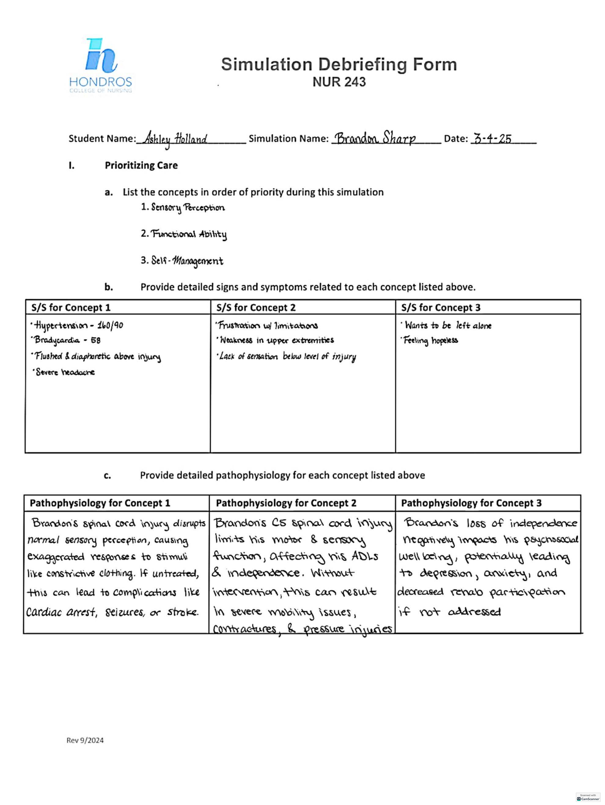 Simulation Debriefing Form: HONDROS NUR 243 - Brandon's Care Plan - Studocu