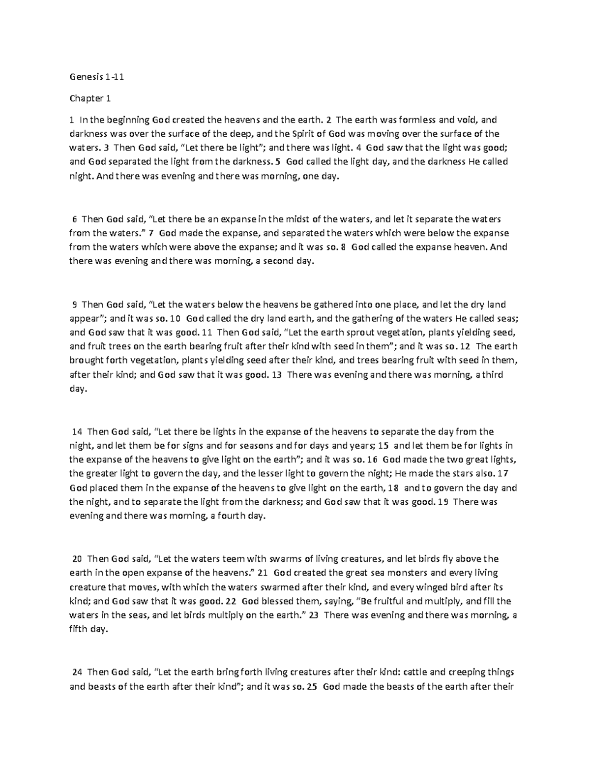 Genesis 1-11 full - Genesis 1- 11 Chapter 1 1 In the beginning God ...