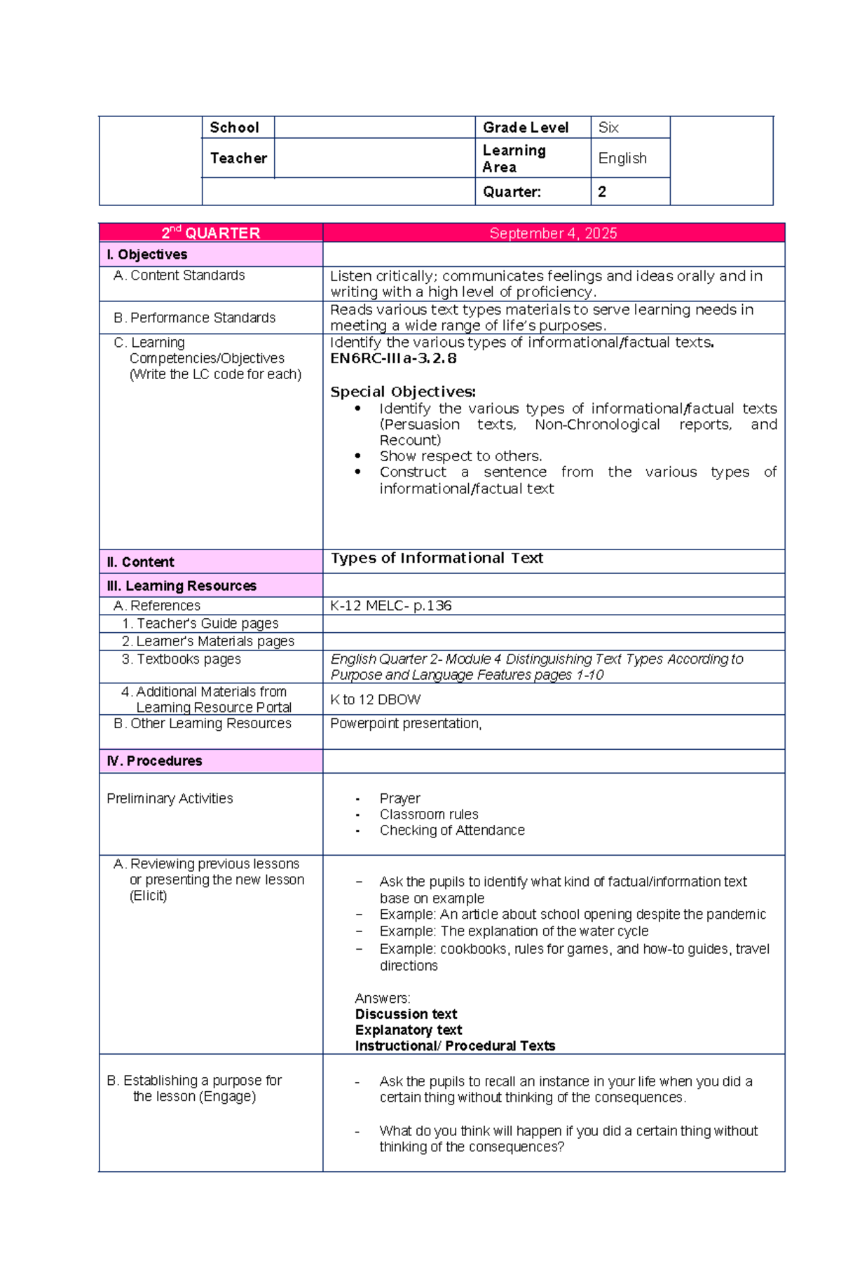 English Q2 Lesson Plan: Types of Texts & Learning Objectives - Studocu