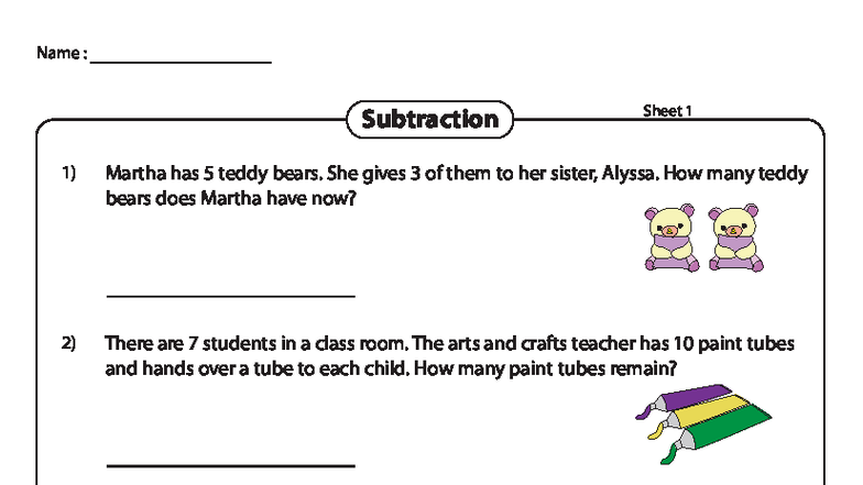 Subtraction Worksheet 1: Fun Problems for Kids - Studocu