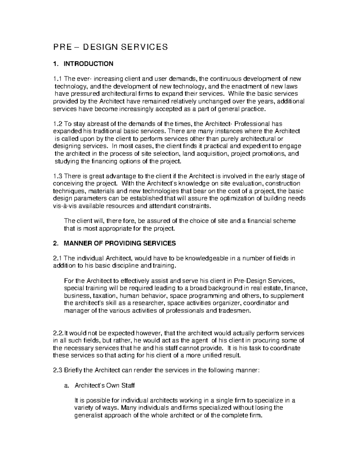 Pre Design Service 201 - P R E – D E SIGN SE R V IC E S 1. INTRODUCTION ...