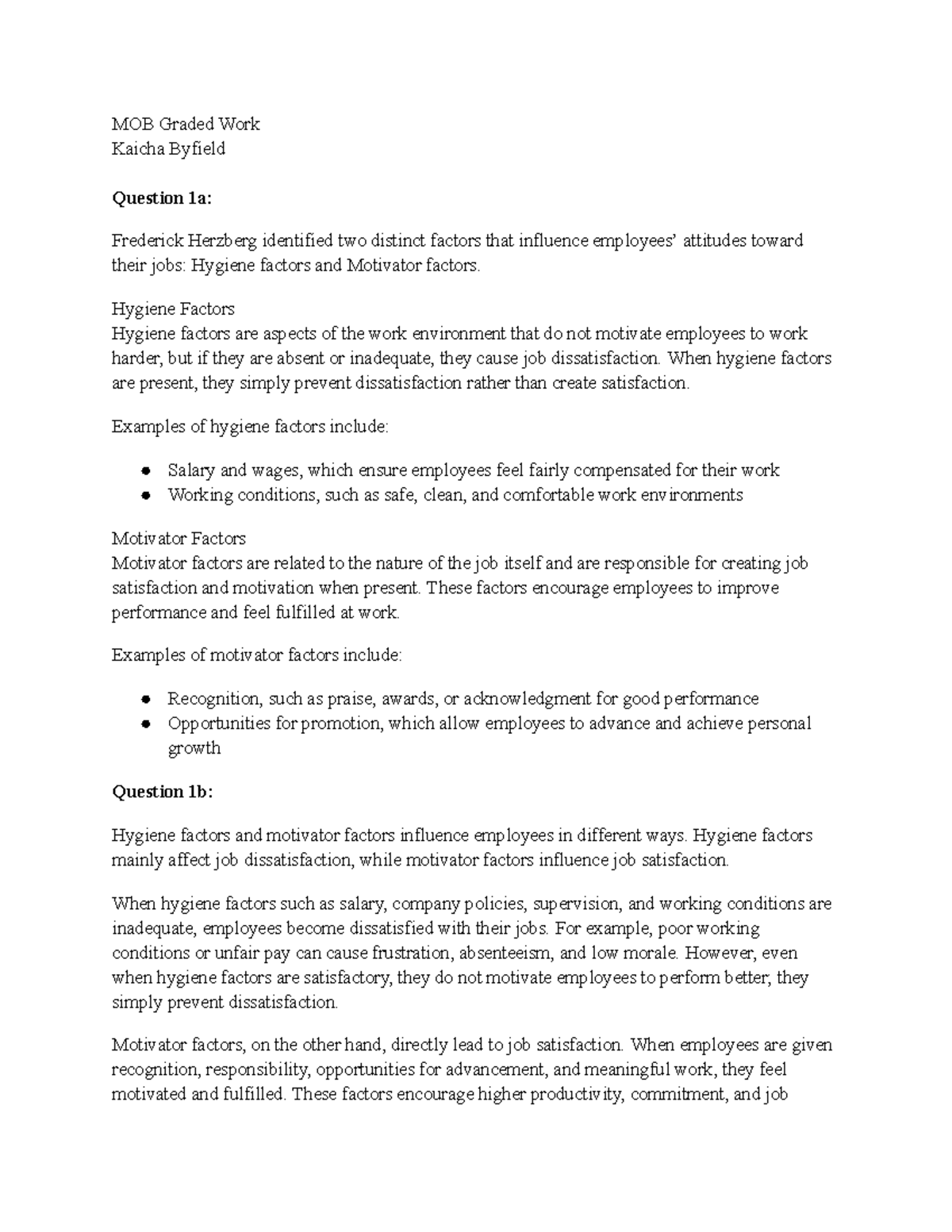 MOB Graded Work: Herzberg's Two Factor Theory Analysis - Studocu