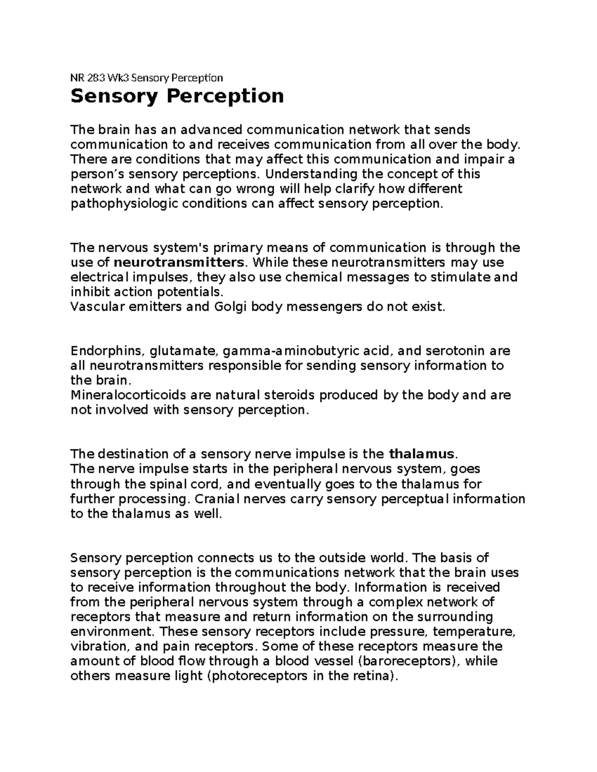 NR 283 Wk3 Assignment: Understanding Sensory Perception and ...