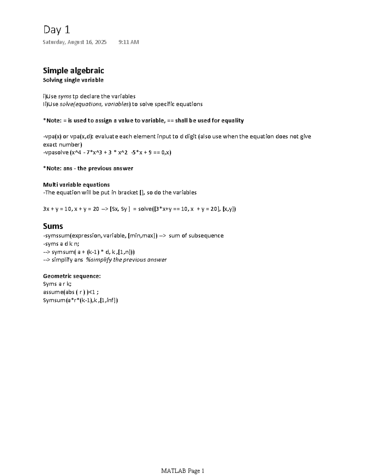 Matlab 1: Simple Algebraic Solutions for Single & Multi-Variable ...