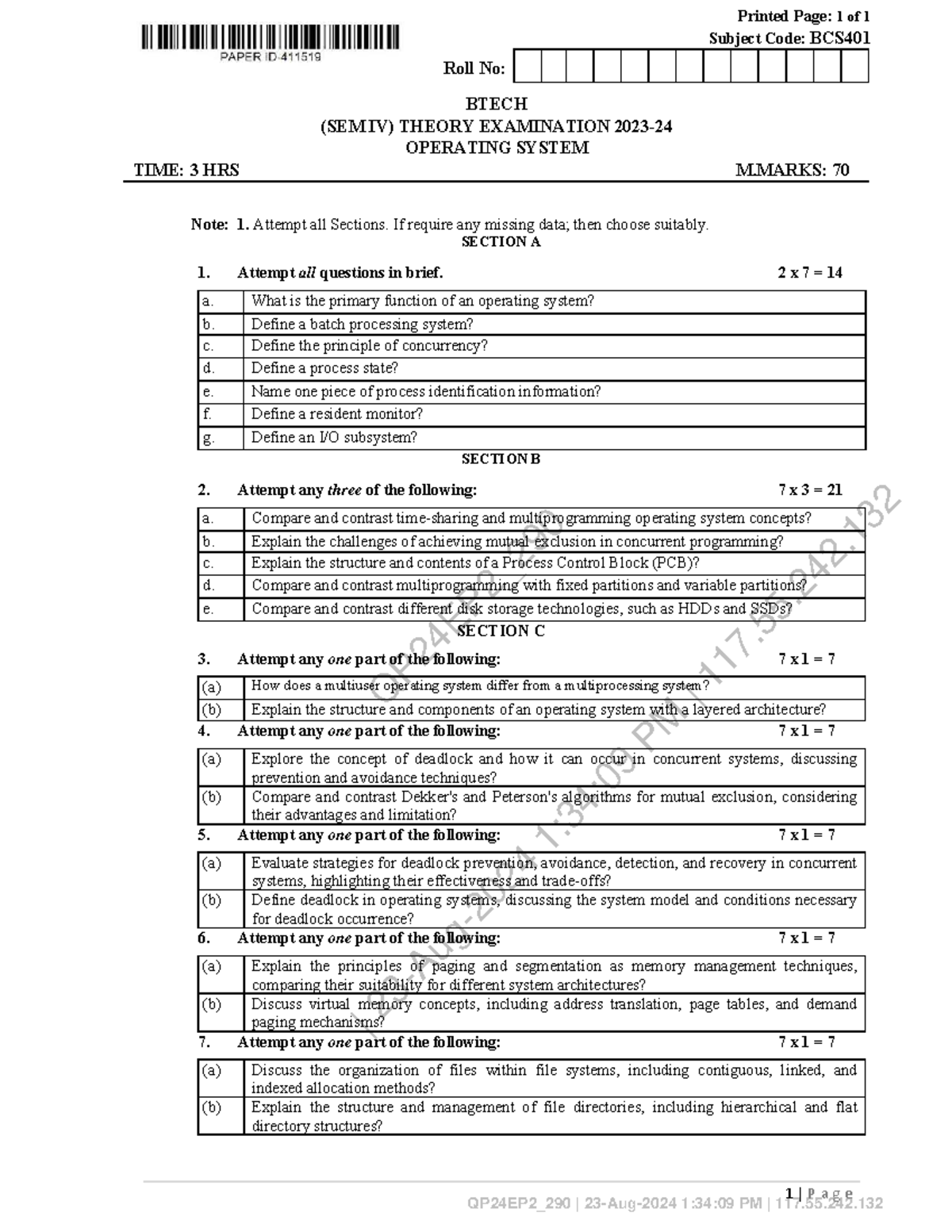 BCS401 B.Tech (Sem IV) Theory Exam: Operating Systems Previous Year Questions - Studocu