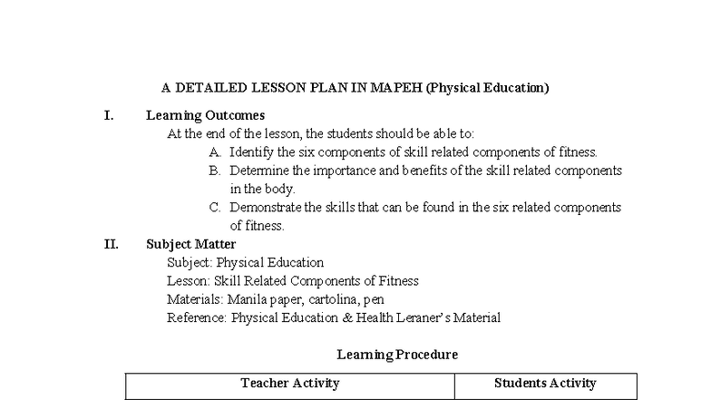 Detailed Lesson Plan in MAPEH: Skill Related Components of Fitness ...