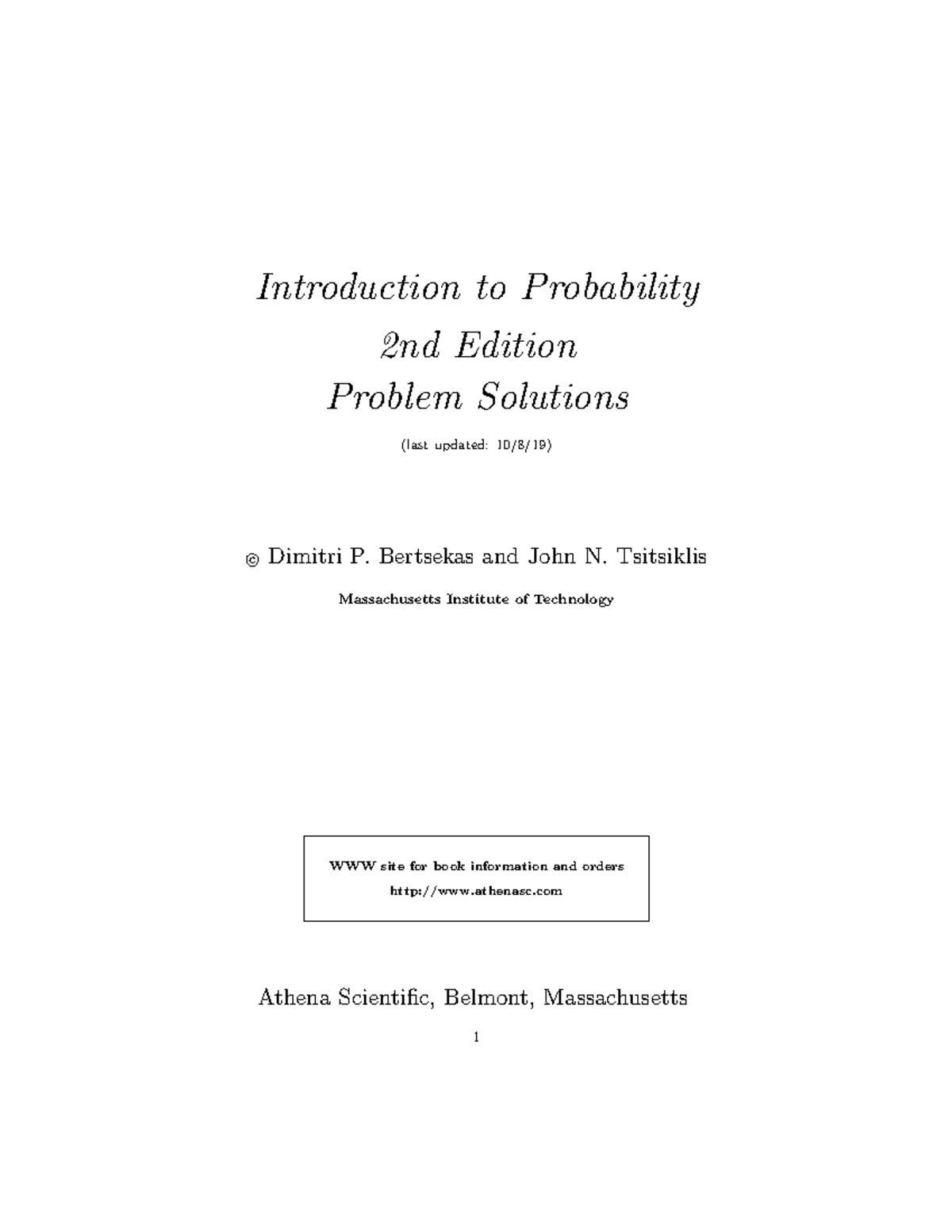 Dimitri P. Bertsekas & John N. Tsitsiklis - Prob. Intro 2nd Ed. Problem ...