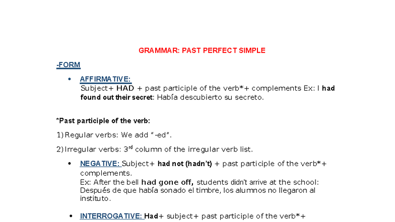 PAST PERFECT SIMPLE: Affirmative, Negative, and Interrogative Forms ...