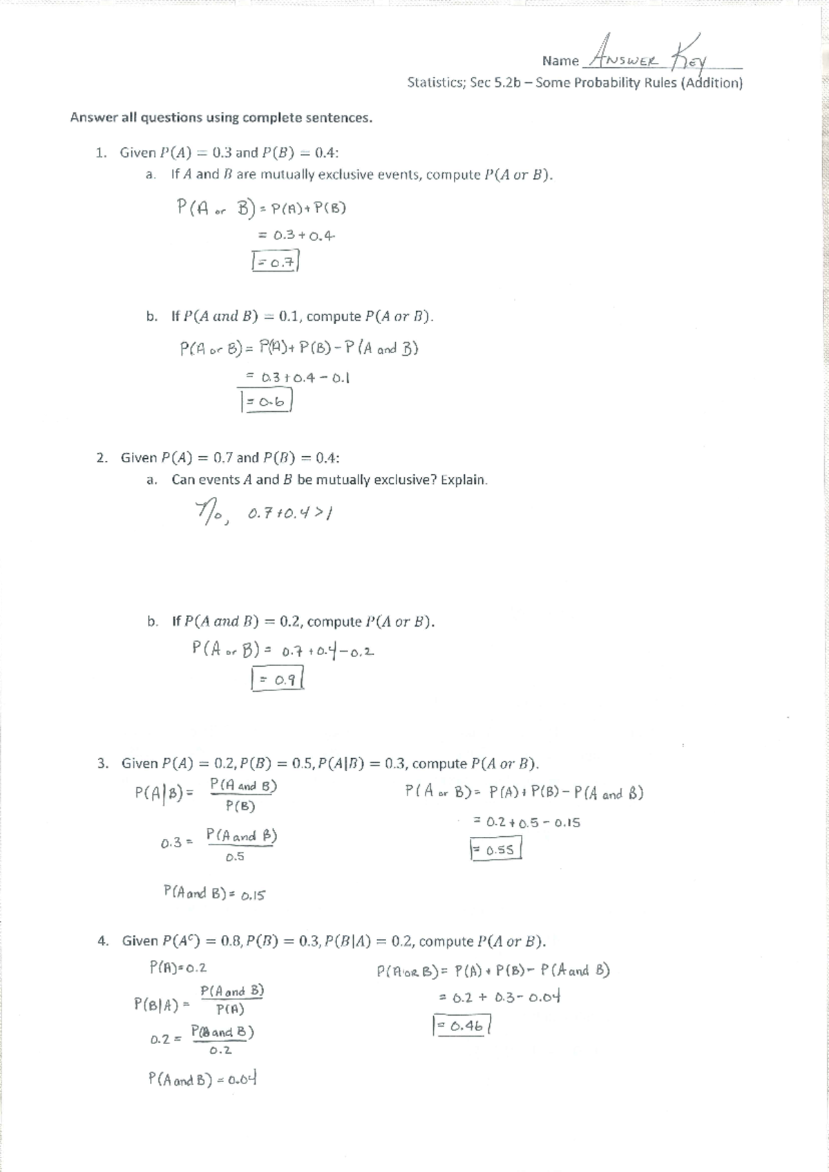 Stats Worksheet 5.2b: Answer Key for Probability Rules and Events - Studocu