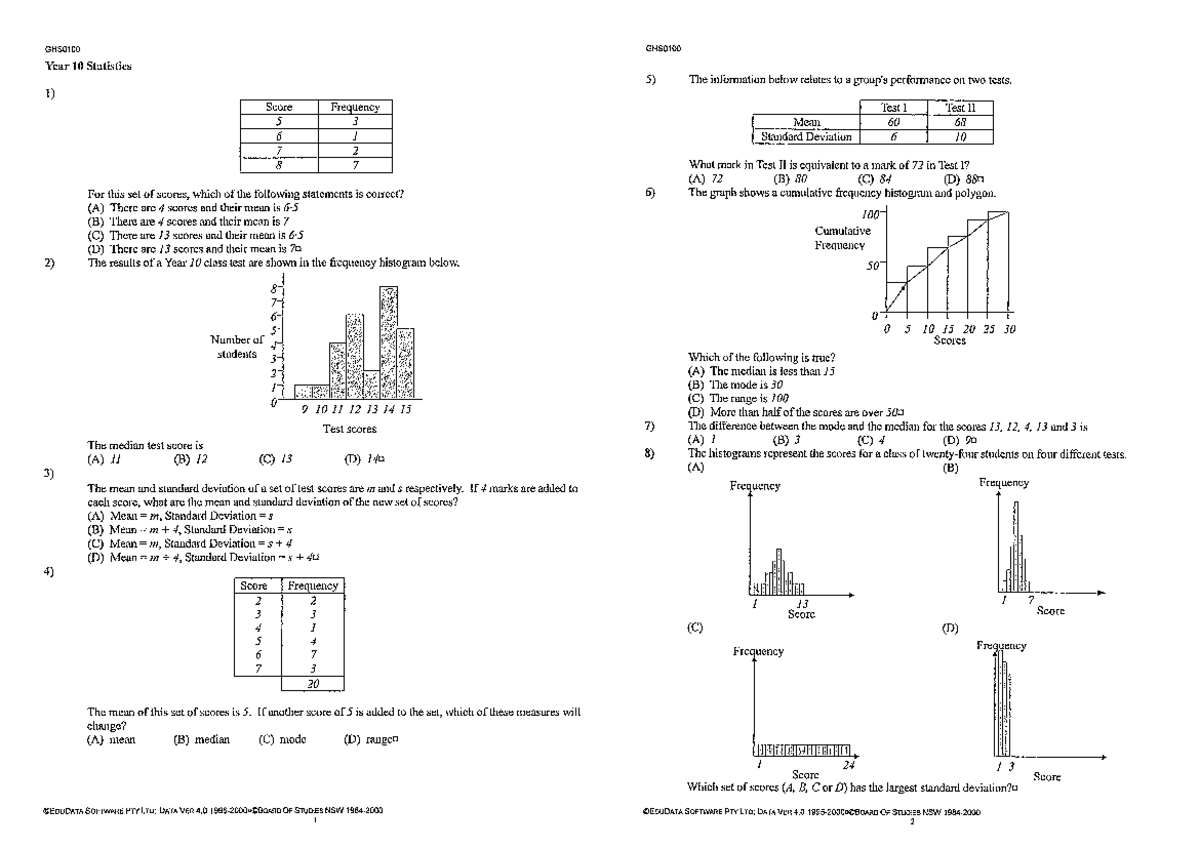 GHS0100 Year 10 Statistics Test: Multiple Choice Questions - Studocu