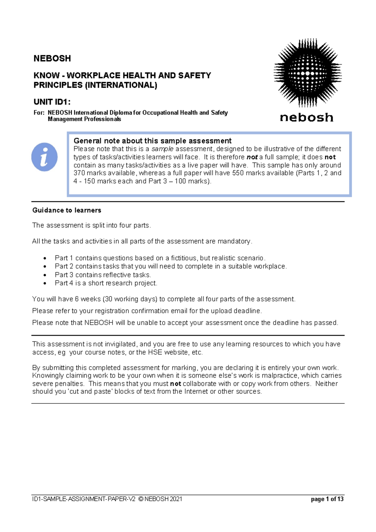 NEBOSH ID1 Sample Assessment: Workplace Health & Safety Principles ...