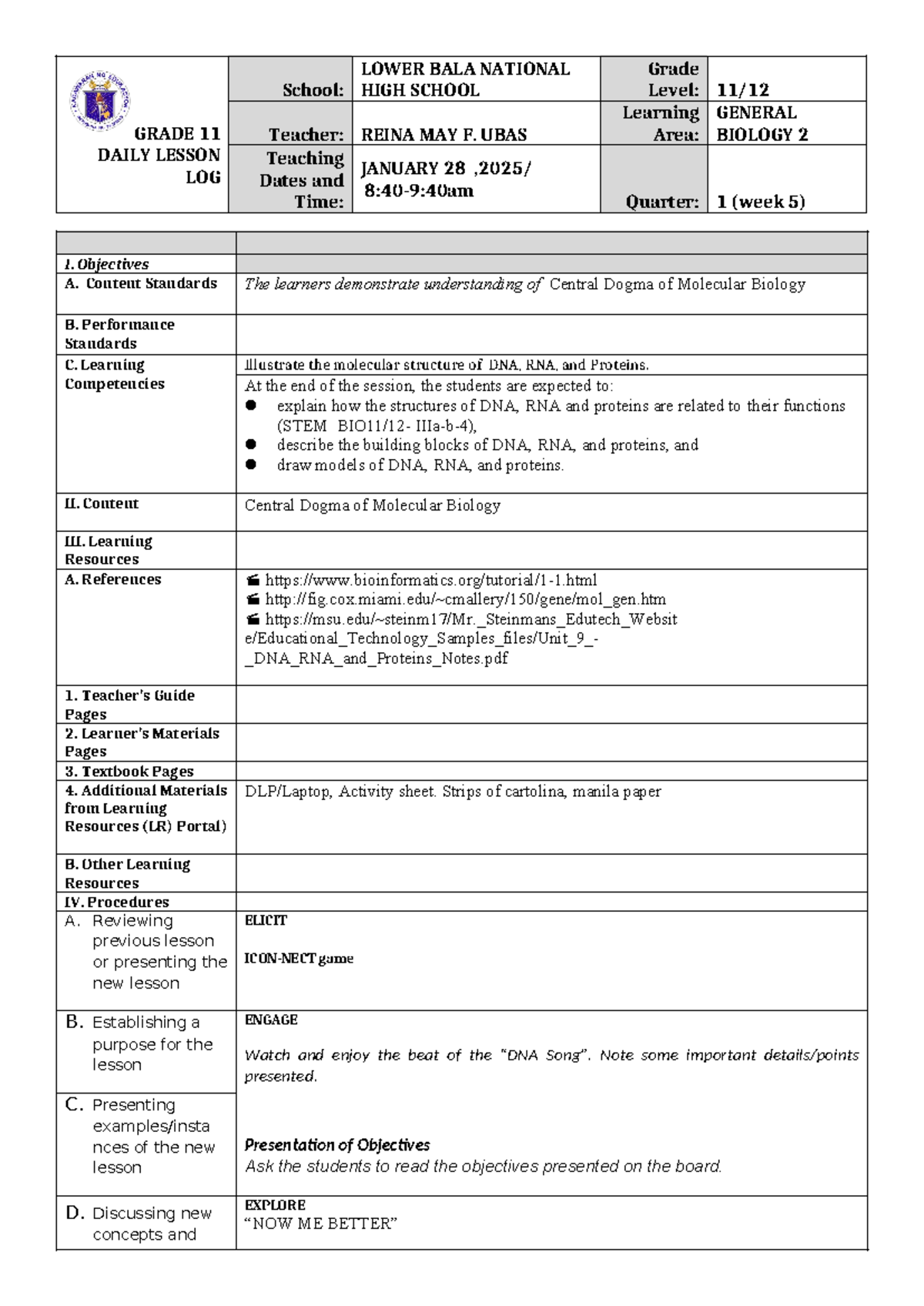 CO ( Structure OF DNA,RNA and Proteins) - GRADE 11 DAILY LESSON LOG ...