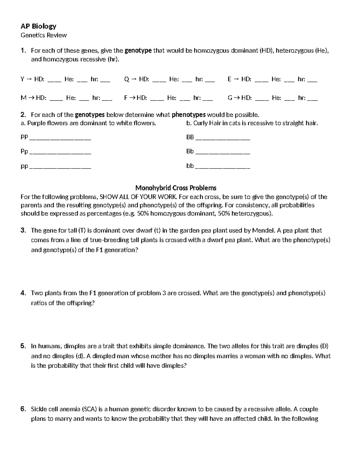 AP - Genetics Worksheet Review for AP Biology Students - Studocu