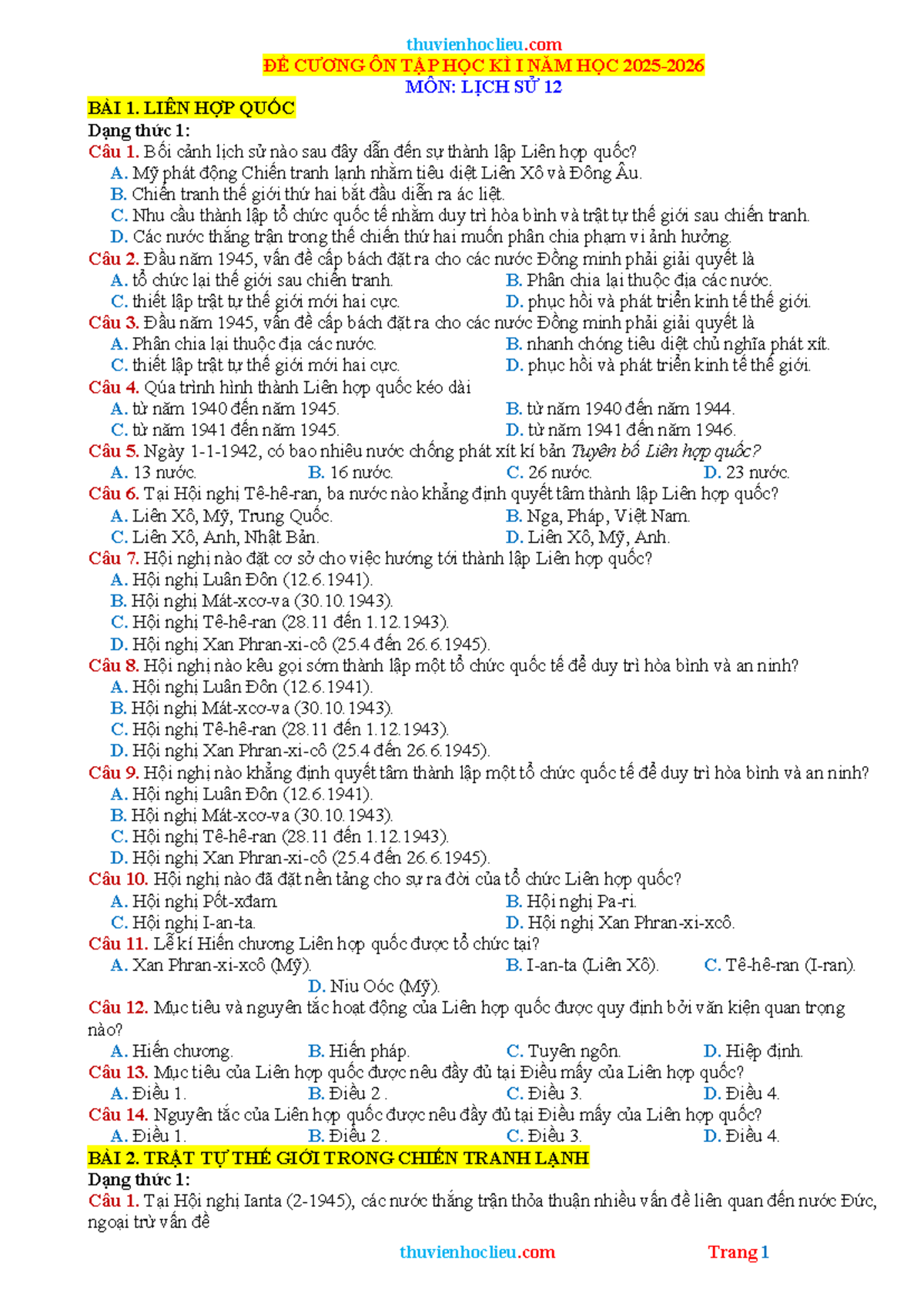 ĐỀ CƯƠNG ÔN TẬP HỌC KÌ I MÔN LỊCH SỬ 12: LIÊN HỢP QUỐC VÀ TRẬT TỰ THẾ ...