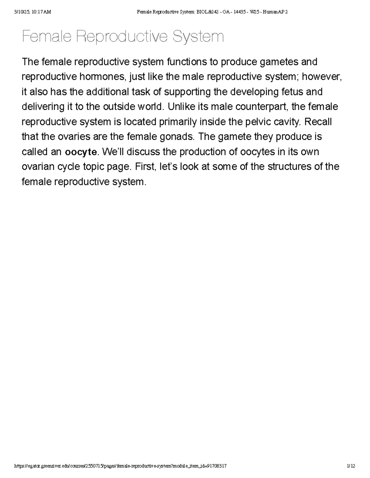 Female Reproductive System Overview: BIOL&242 Lecture Notes - Studocu