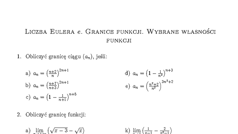 Matematyka-Cw1 - Zadanka - Liczba Eulera e. Granice funkcji. Wybrane ...