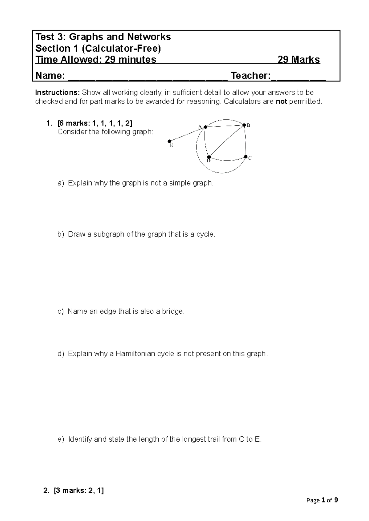 Test 3: Graphs and Networks Analysis and Solutions - Studocu