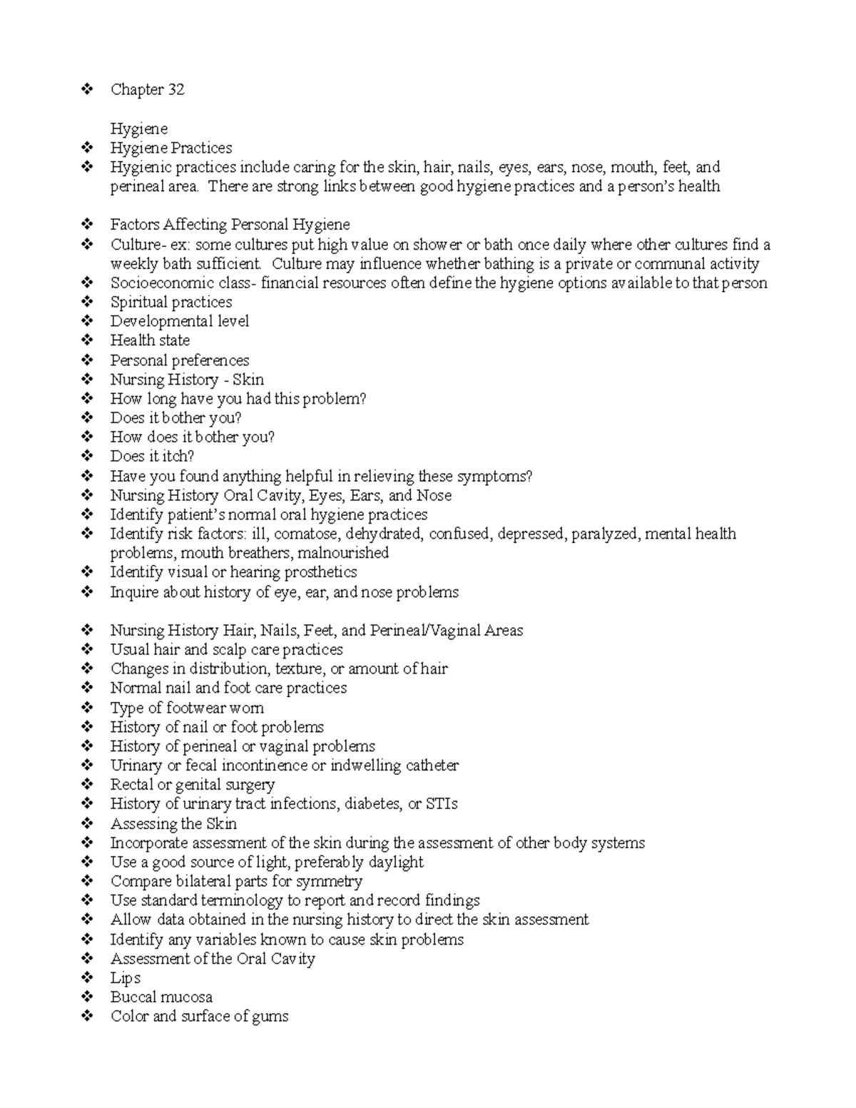 Fundamentals NUR 101 Chapter 32: Hygiene Practices and Assessments ...