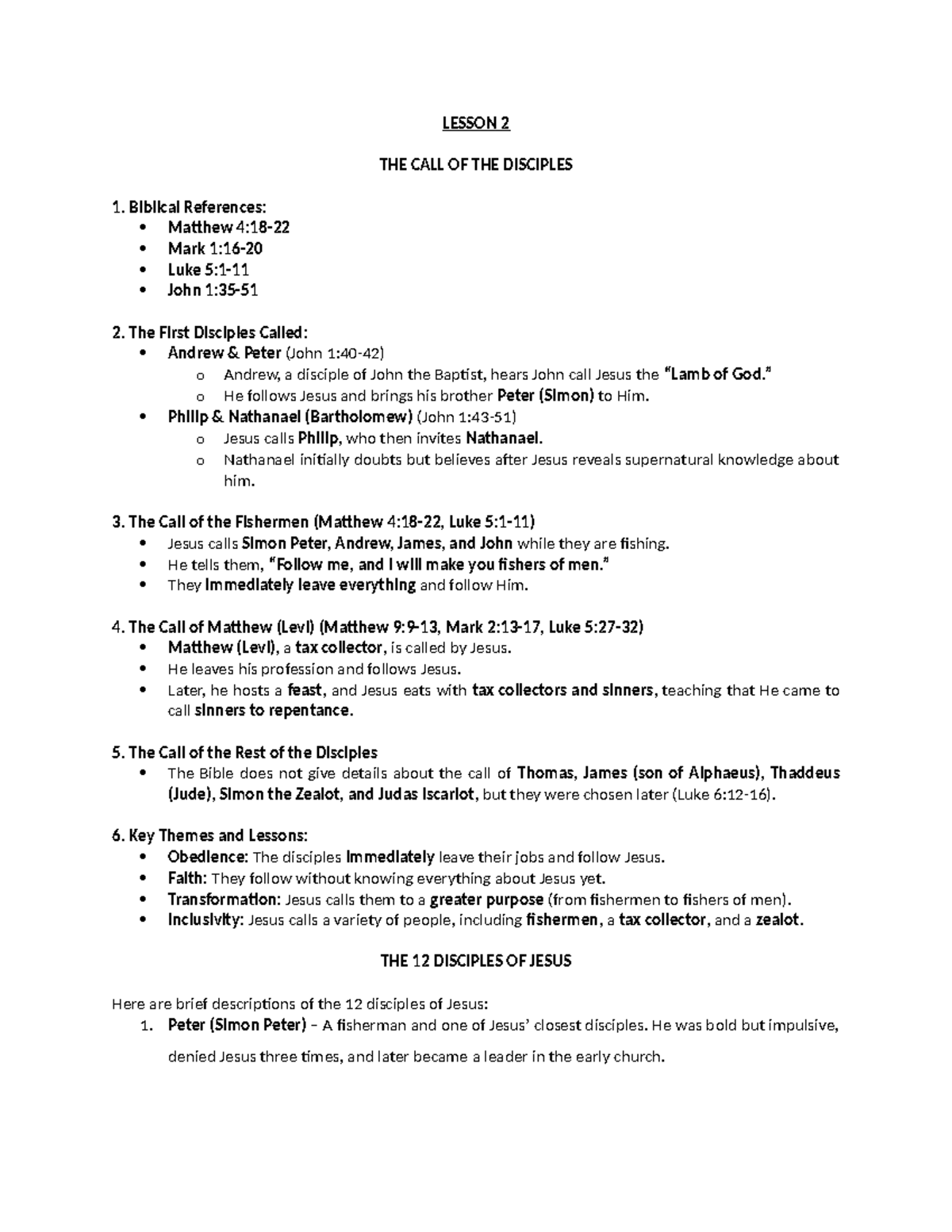 MT Lesson 2 IN THEO 6 - Call of the Disciples and Key Themes - Studocu