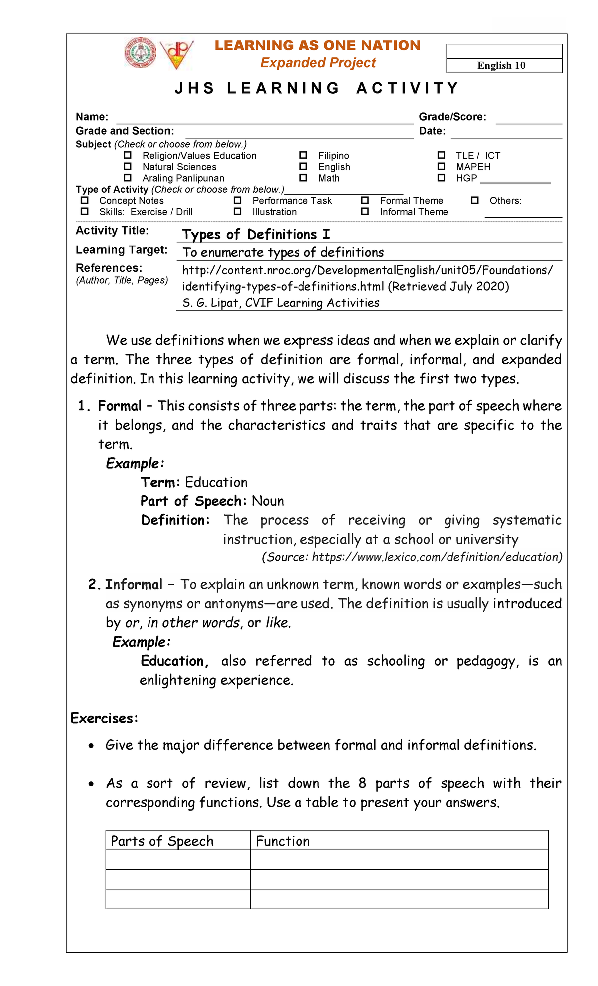 English 10 Q2 Learning Activity: Types of Definitions - Studocu