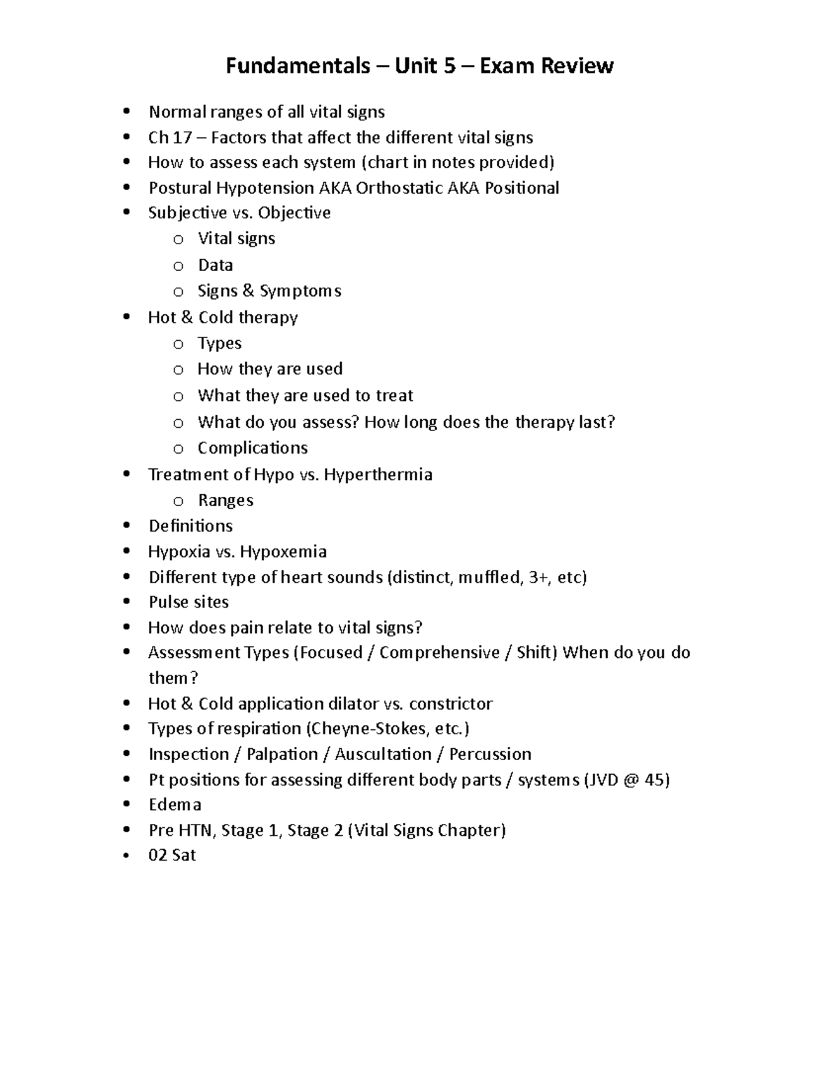 Fundamentals Unit 5 Exam Review: Vital Signs & Assessment Techniques ...