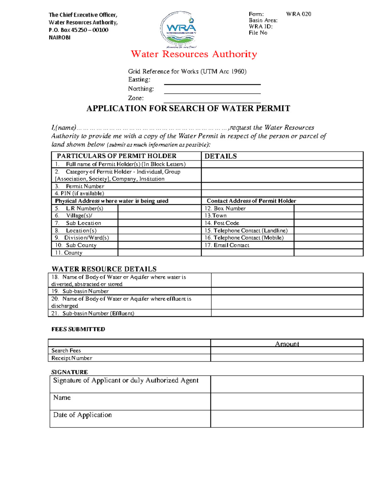 WRA 020 - Application for Water Permit Search Form - Studocu