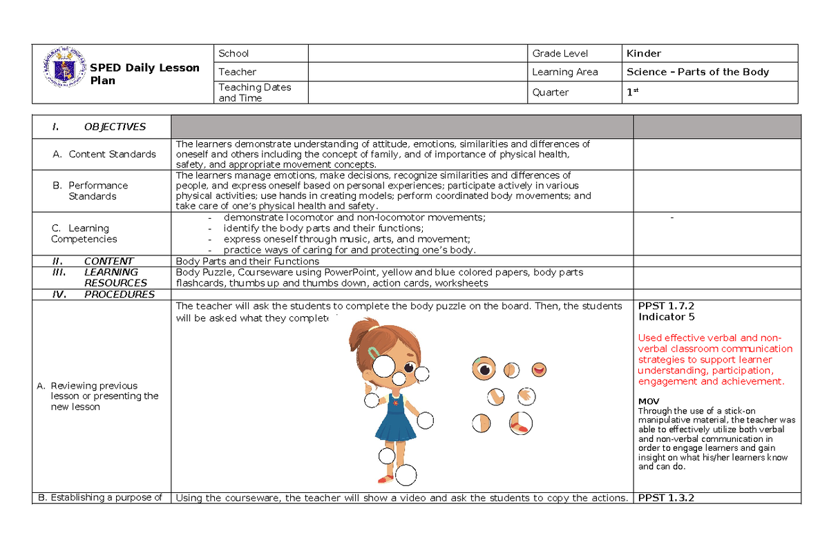 SPED Q1 Lesson Plan: Understanding Body Parts for Kinder SY24-25 - Studocu