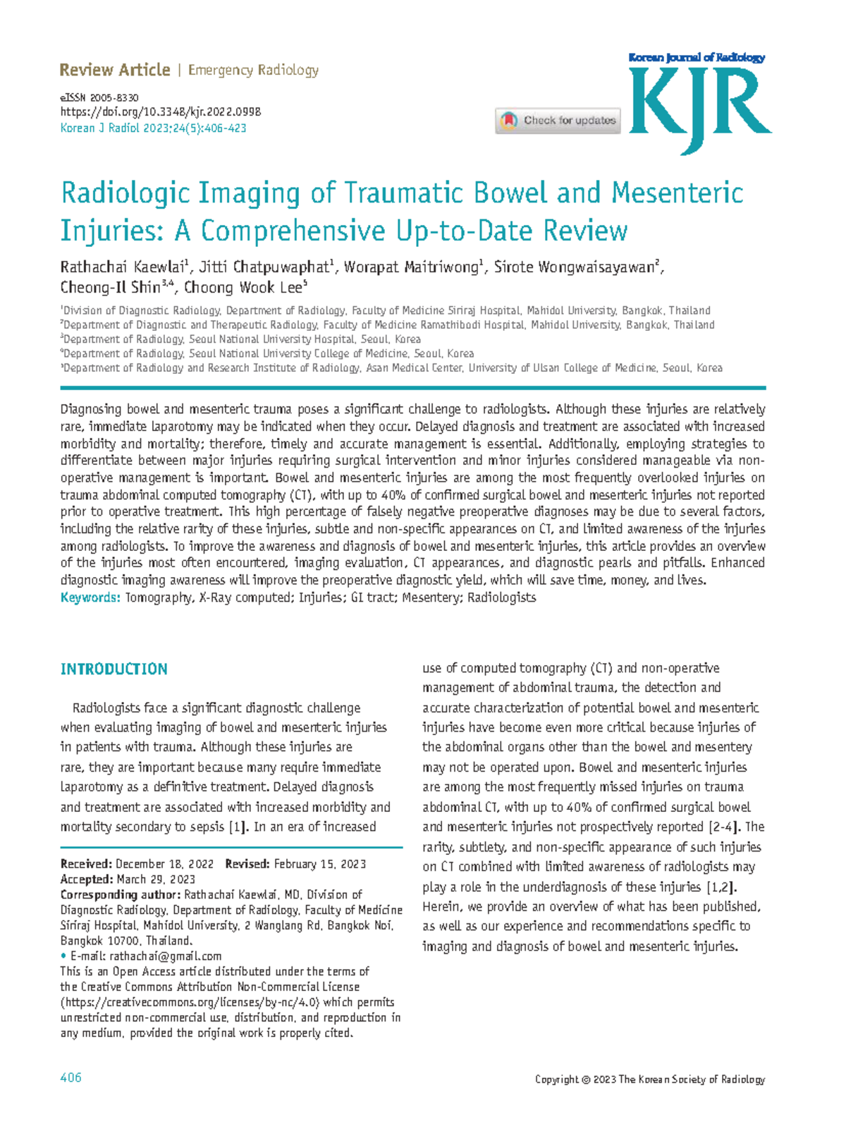 Imaging of Traumatic Bowel and Mesenteric Injuries: A Review (KJR ...