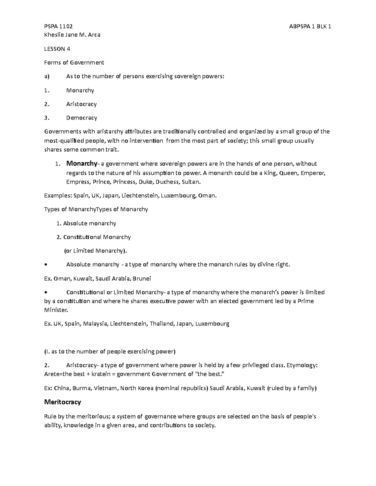 Lesson 4: Types of Government Structures and Their Features - Studocu