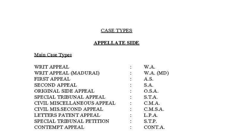 Case Types Overview: Appellate & Criminal Side (Madurai) - Studocu