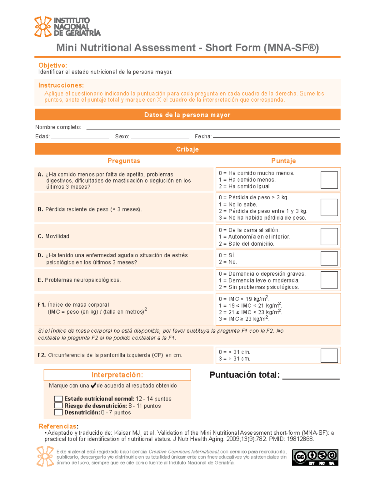 Mna Corto Escalas En El Adulto Mayor Mini Nutritional Assessment