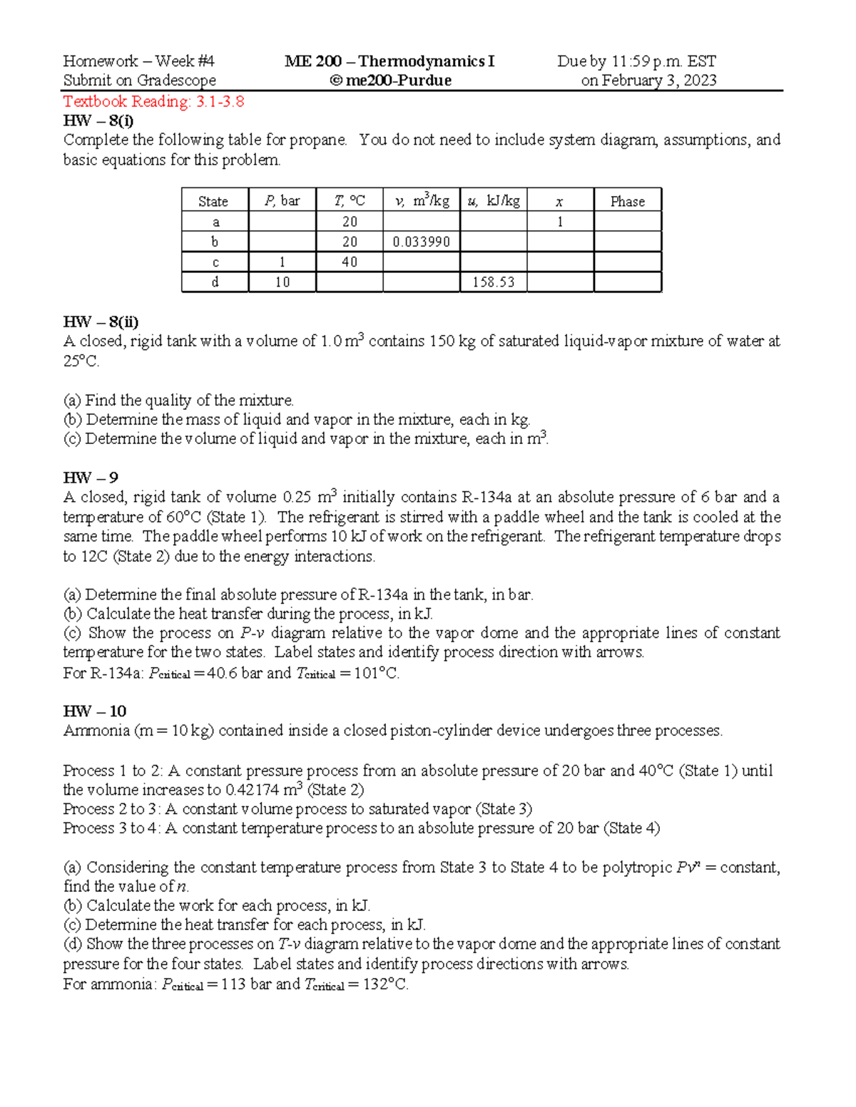 ME 200 - S2023 Thermodynamics I Week 4 Homework Problems - Studocu