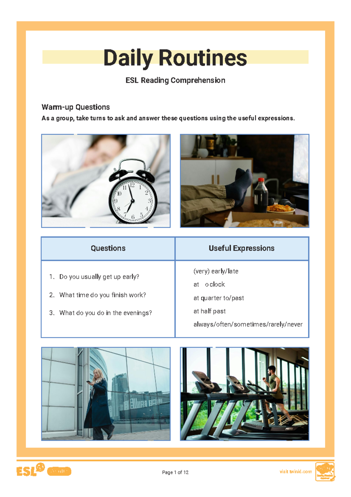 ESL Daily Routines Reading Comprehension Questions for Adults A2 - Studocu
