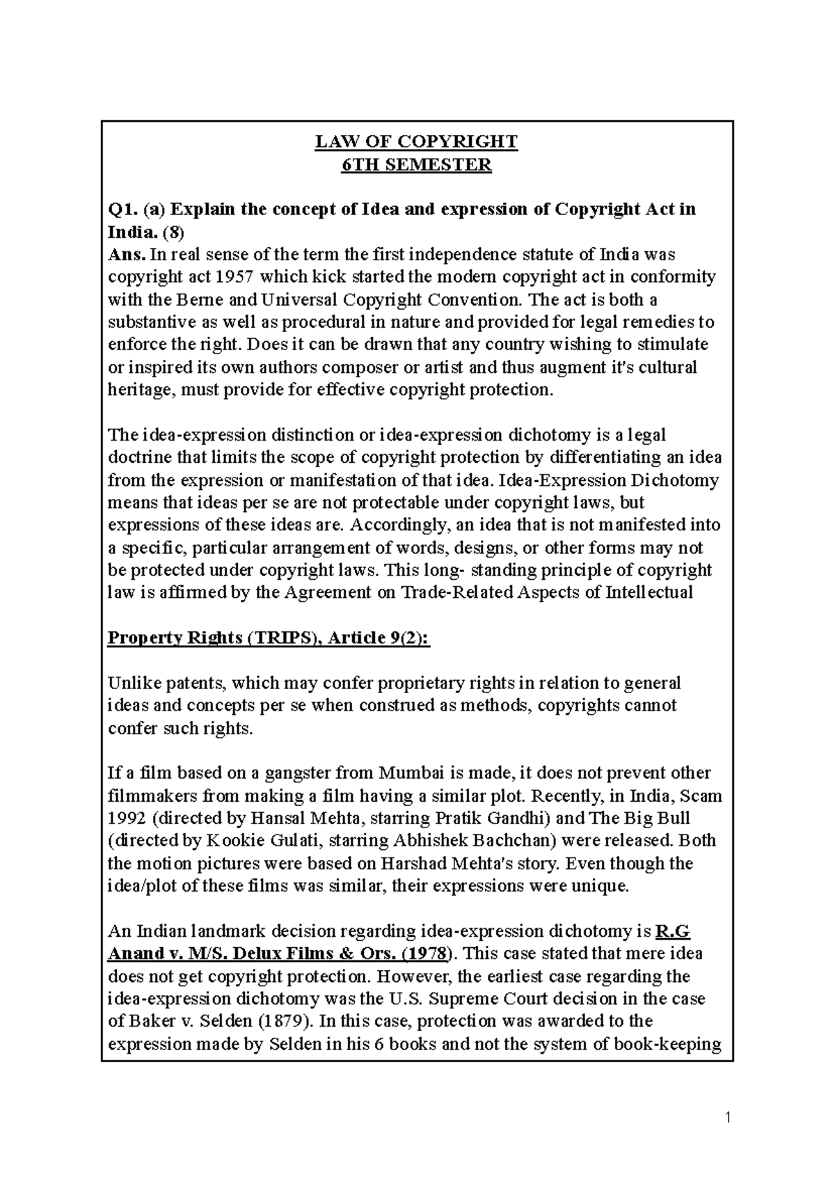Copyright Law Notes - 6th Sem - Concept of Idea and Expression - Studocu