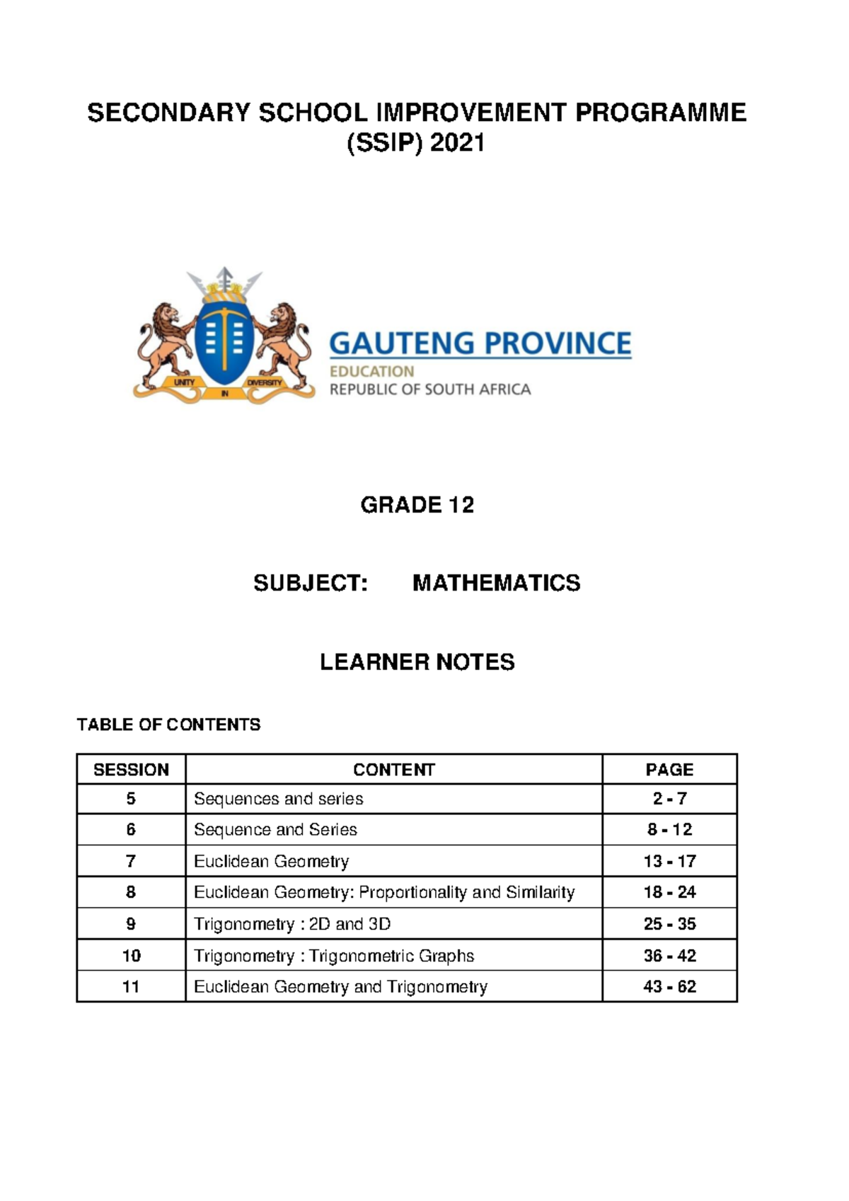 Grade 12 Mathematics Learner Notes: Sequences, Series & Geometry (SSIP ...