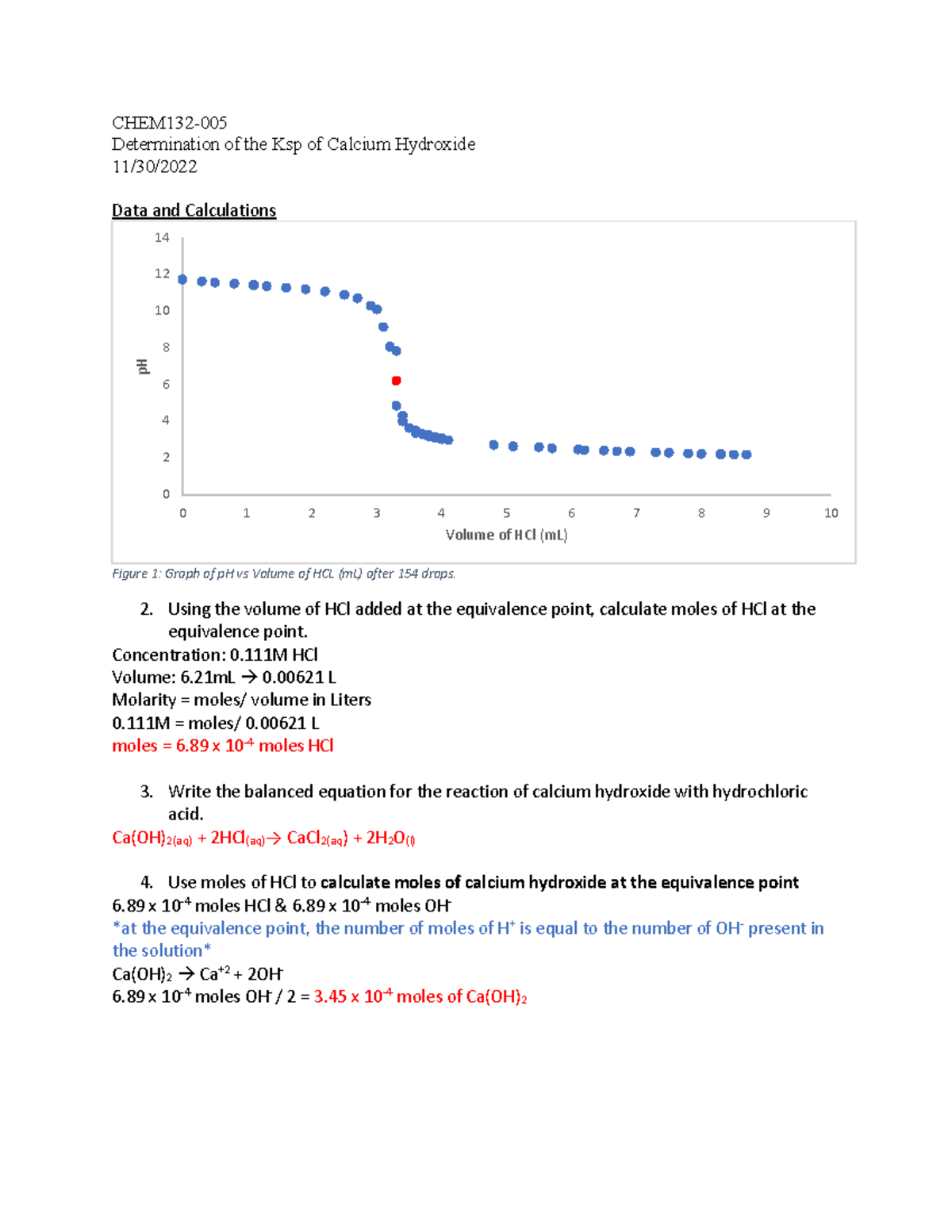 Ksp Calculation of Calcium Hydroxide in CHEM132 Lab Experiment - Studocu