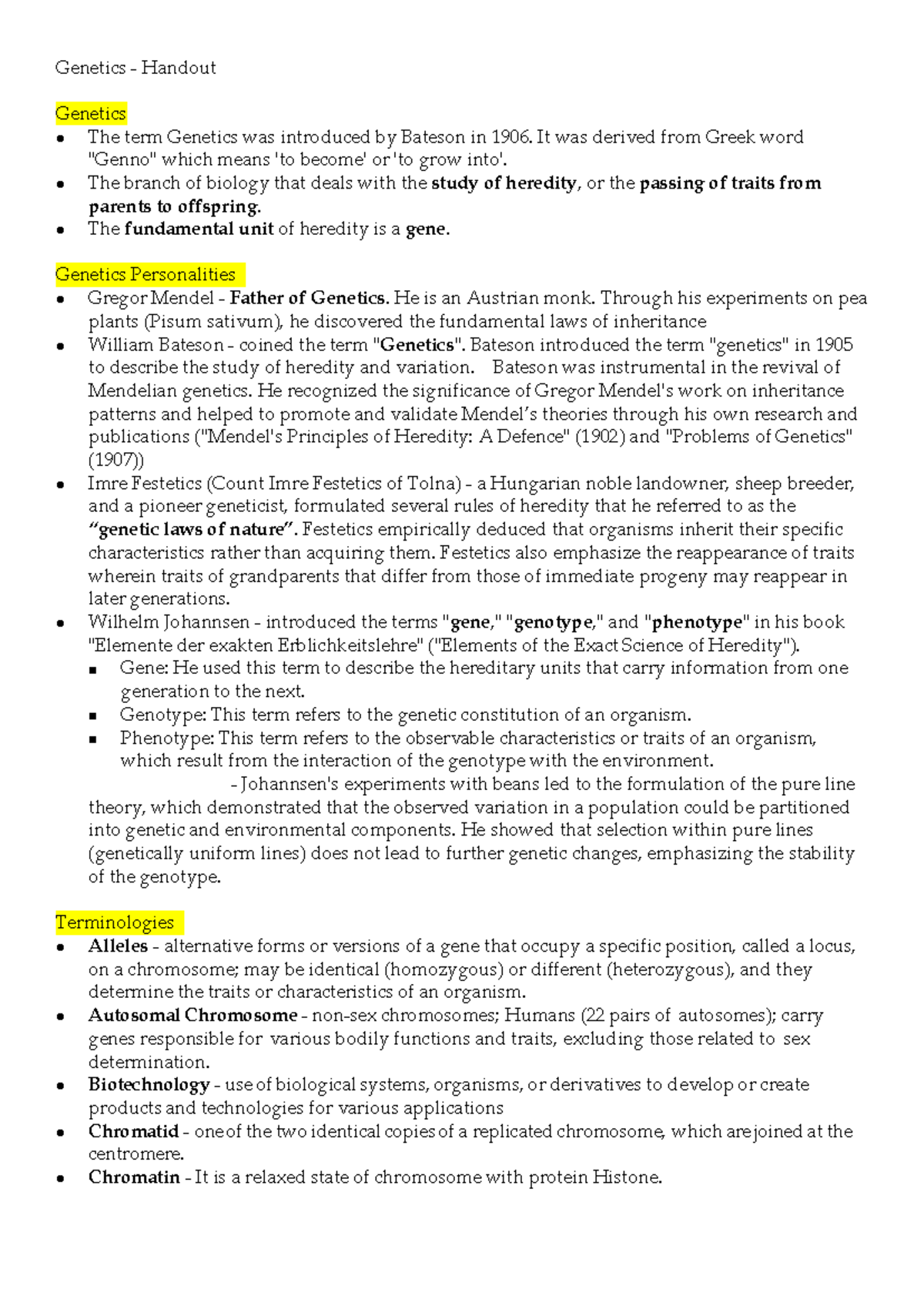 Genetics Handout: Key Concepts and Terminologies - Studocu