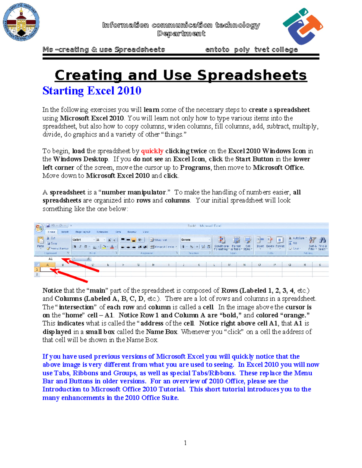 Creating & Using Spreadsheets in MS-Excel 2010: A Beginner's Guide ...