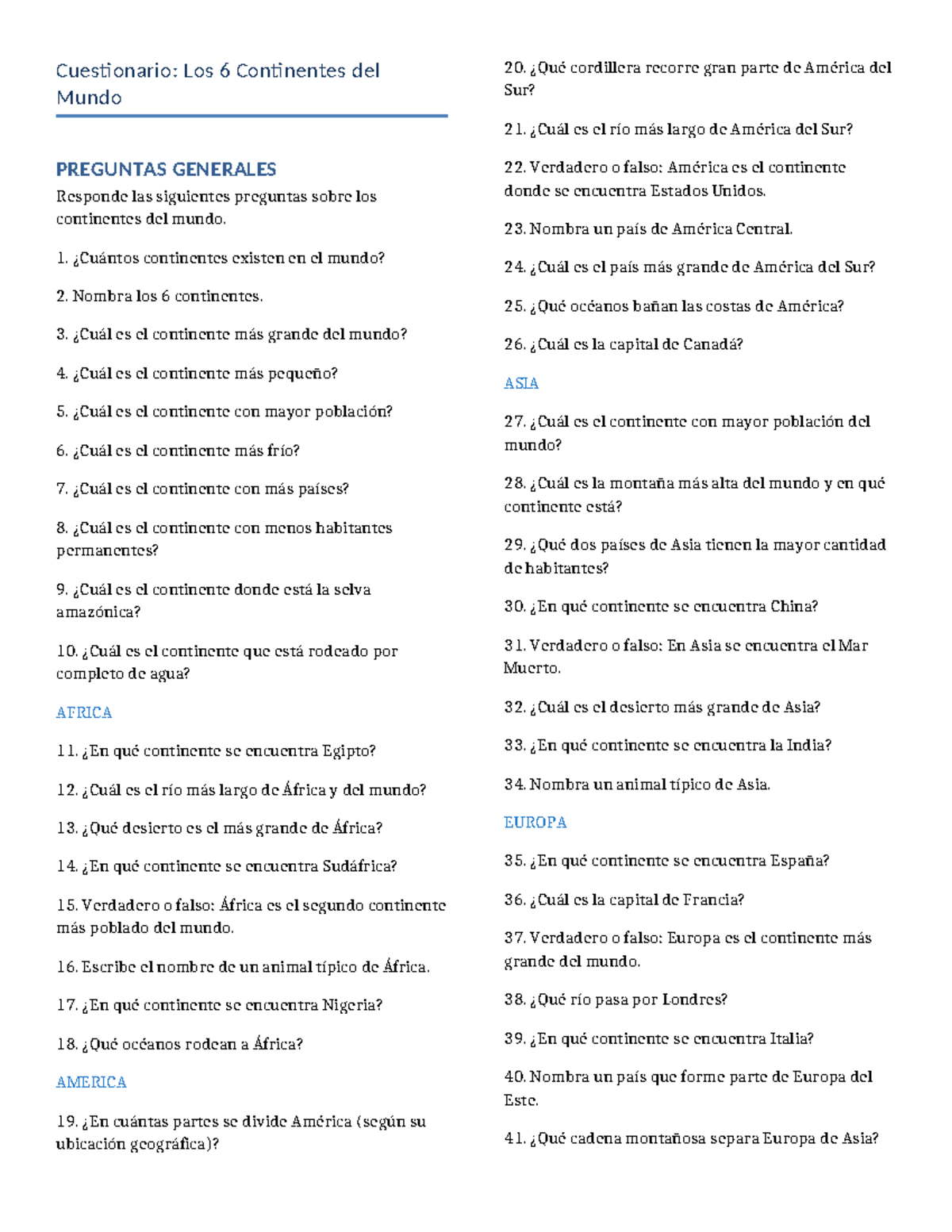 Cuestionario: Los 6 Continentes del Mundo - Preguntas Generales - Studocu