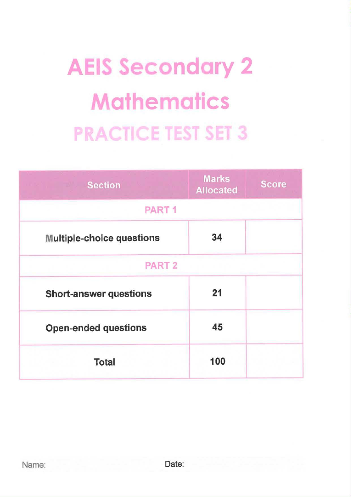 AEIS Practice Tests Secondary 2 Mathematics - Answer Sheet - Studocu