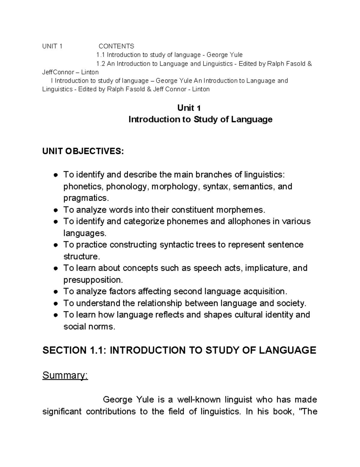 LNG 101: Unit 1 - Introduction to Language and Linguistics - Studocu
