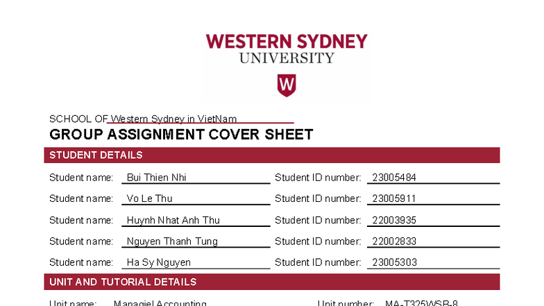 Group Assignment Cover Sheet - WSU Managiel Accounting - Studocu